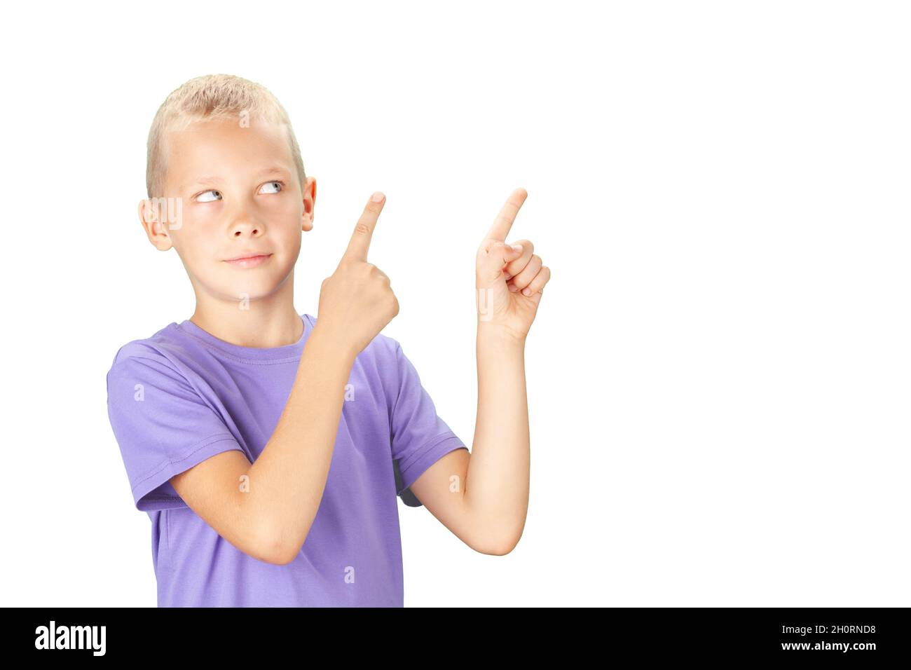 Funny boy pointing with hand and finger. Isolated on white background ...