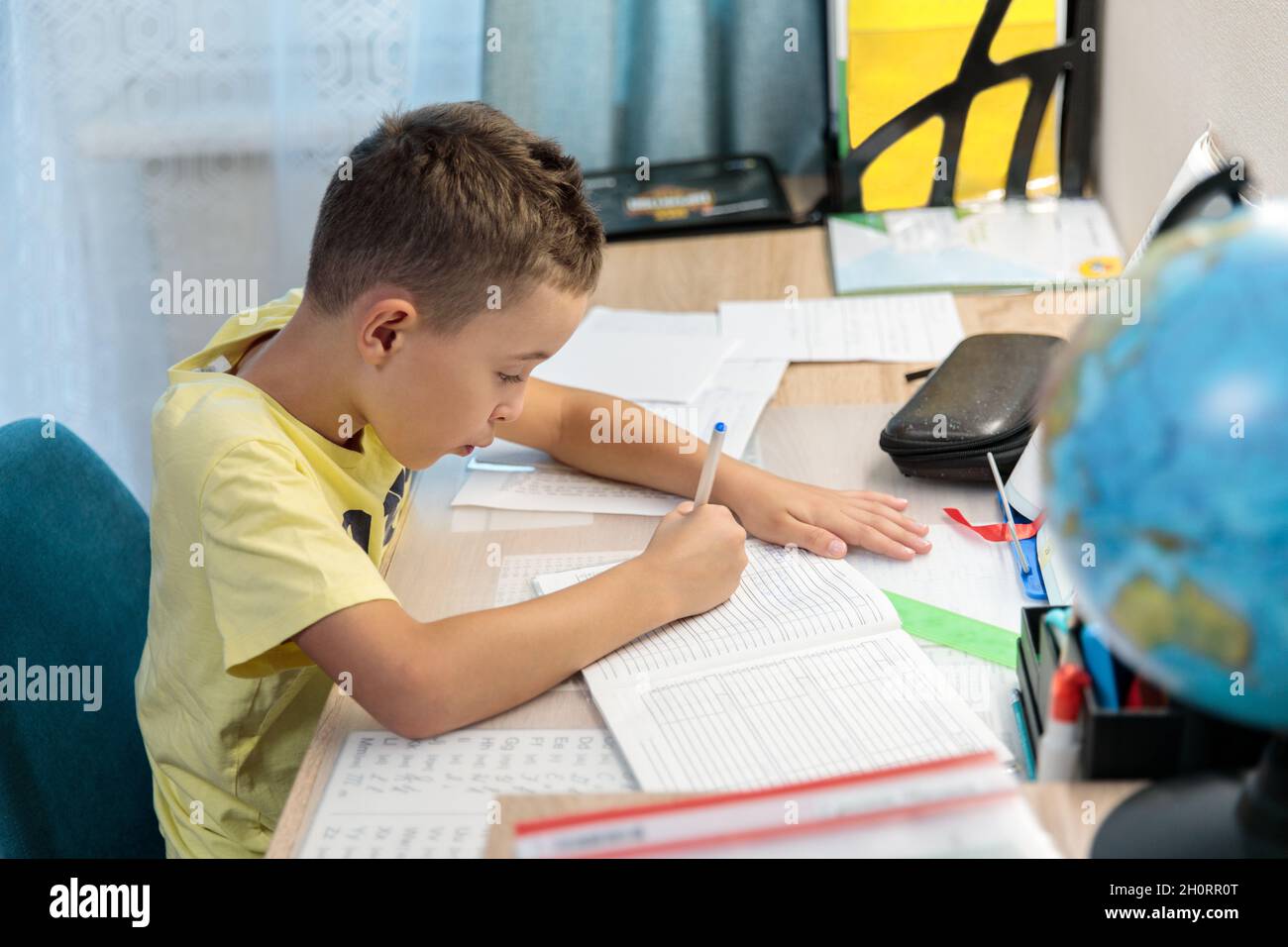 The boy is doing his homework. A student fills out a diary. Home ...