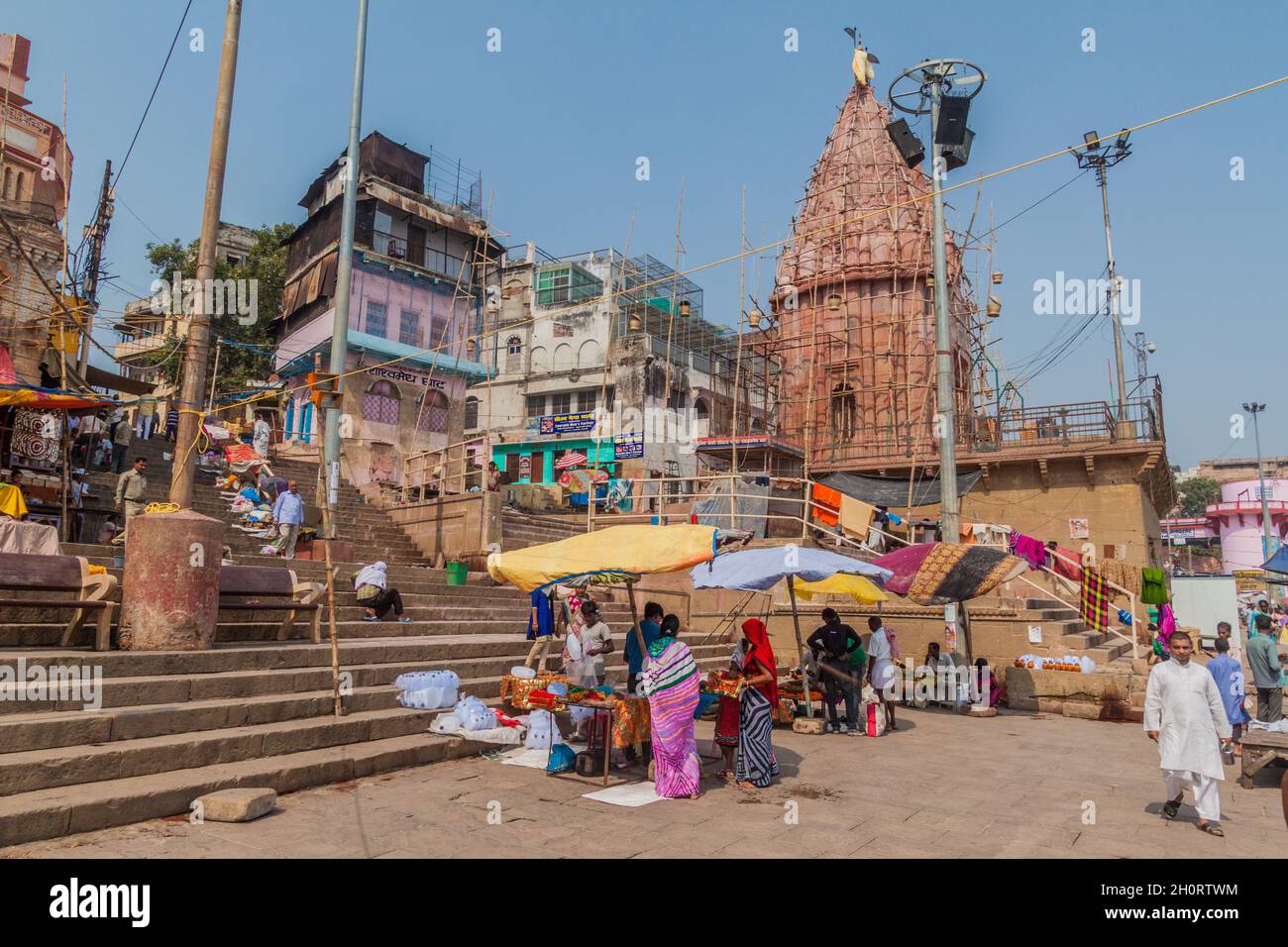 VARANASI, INDIA - OCTOBER 25, 2016: View of Ghats riverfront steps ...