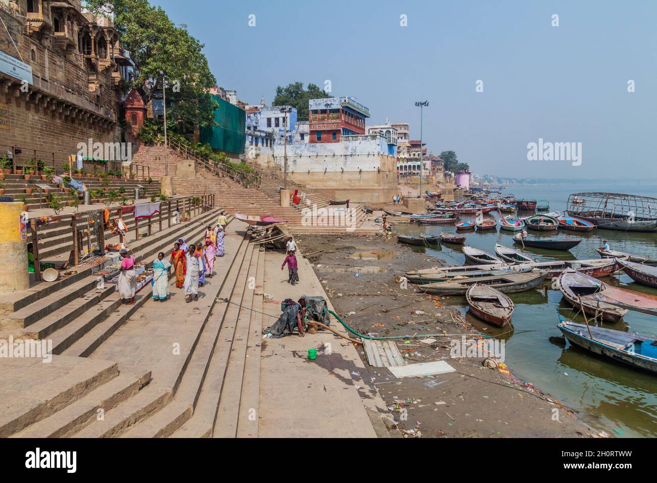 VARANASI, INDIA - OCTOBER 25, 2016: View of Ghats riverfront steps ...