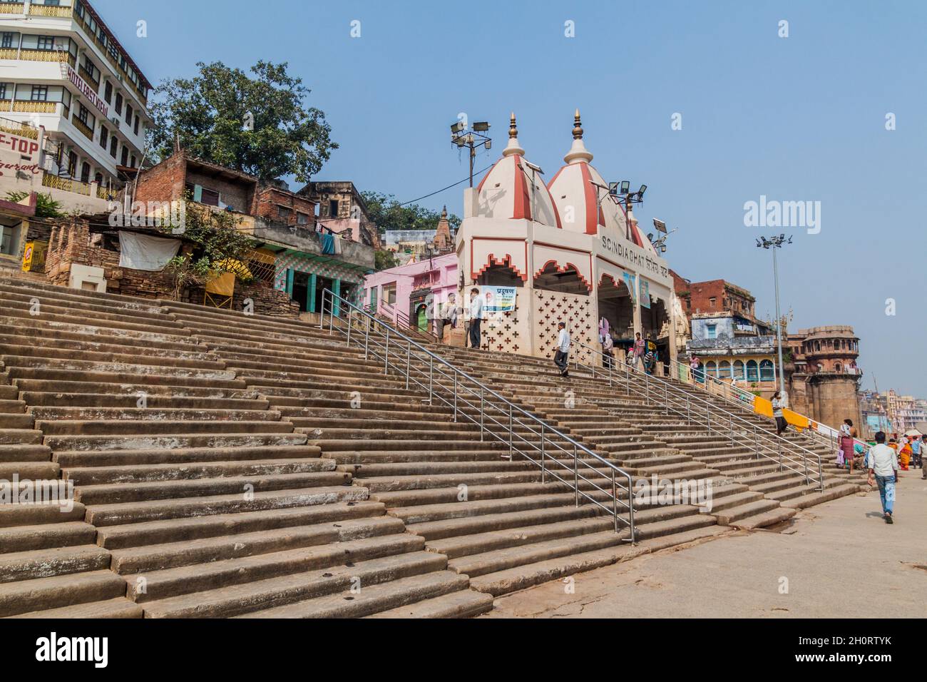 VARANASI, INDIA - OCTOBER 25, 2016: View of Ghats riverfront steps ...