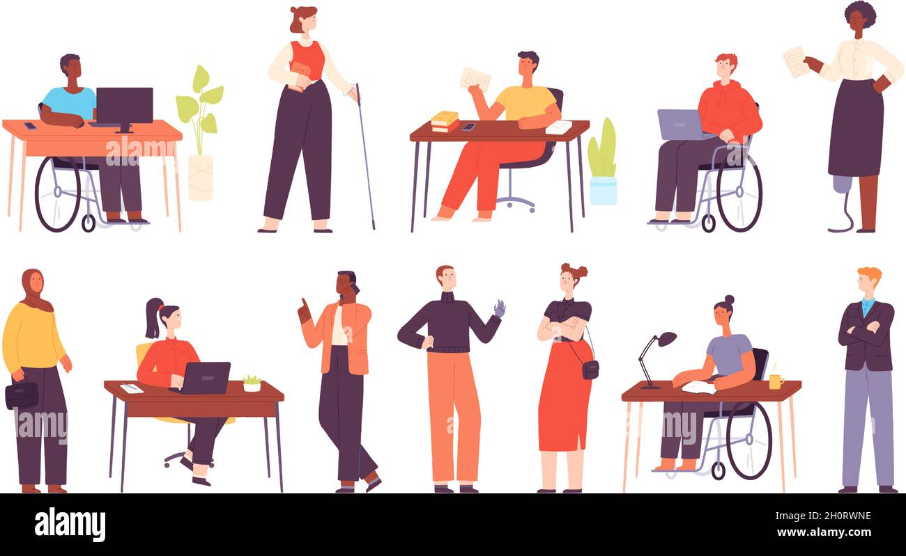 Inclusive multicultural office workers at workplace. Cartoon business ...