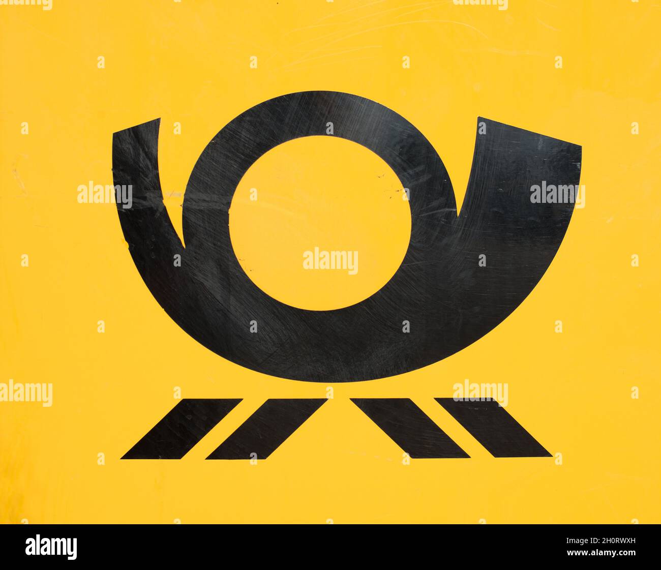 TRIER, GERMANY - Oct 10, 2021: Sign of the german post, yellow post ...