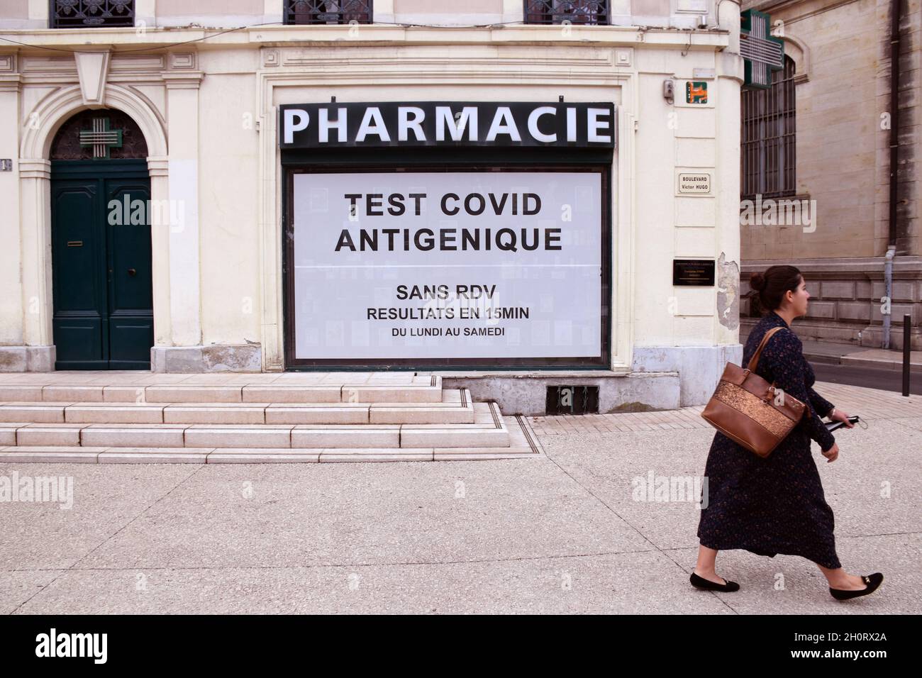 Rapid Covid antigen testing sign outside pharmacy, Nimes, Southern ...