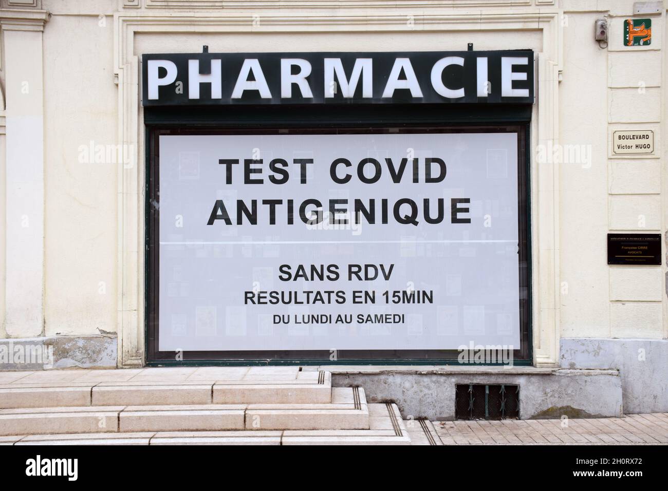 Rapid Covid antigen testing sign outside pharmacy, Nimes, Southern ...