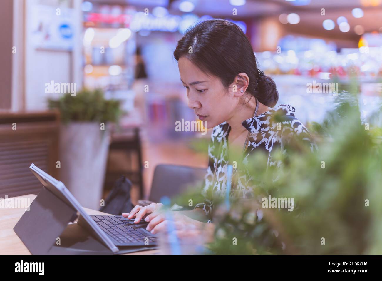 Concentrate woman working on laptop computer in coffee shop Stock Photo ...