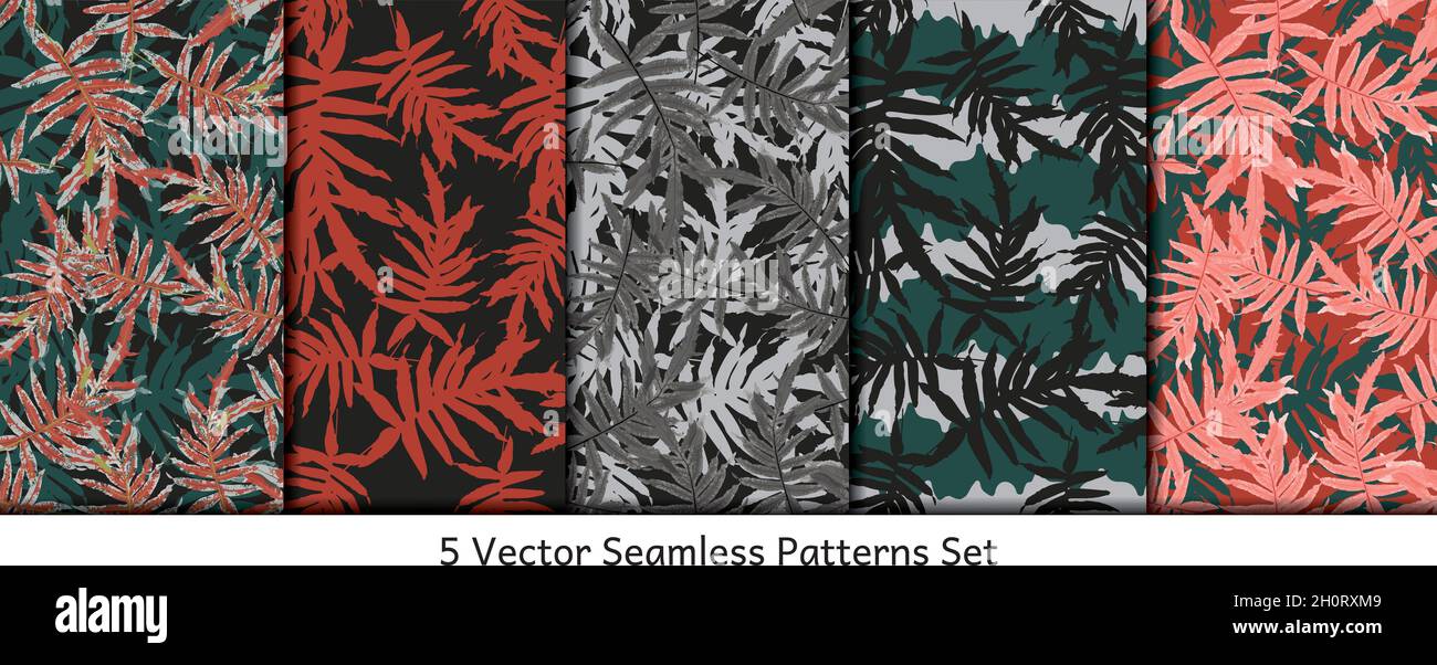 Set of 5 seamless patterns with flat tropical leaves Stock Vector Image ...