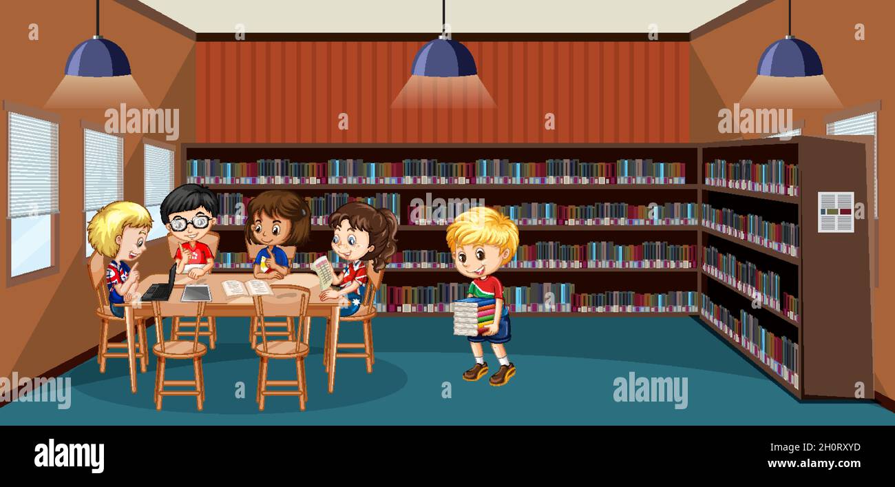 School library interior with children group illustration Stock Vector ...