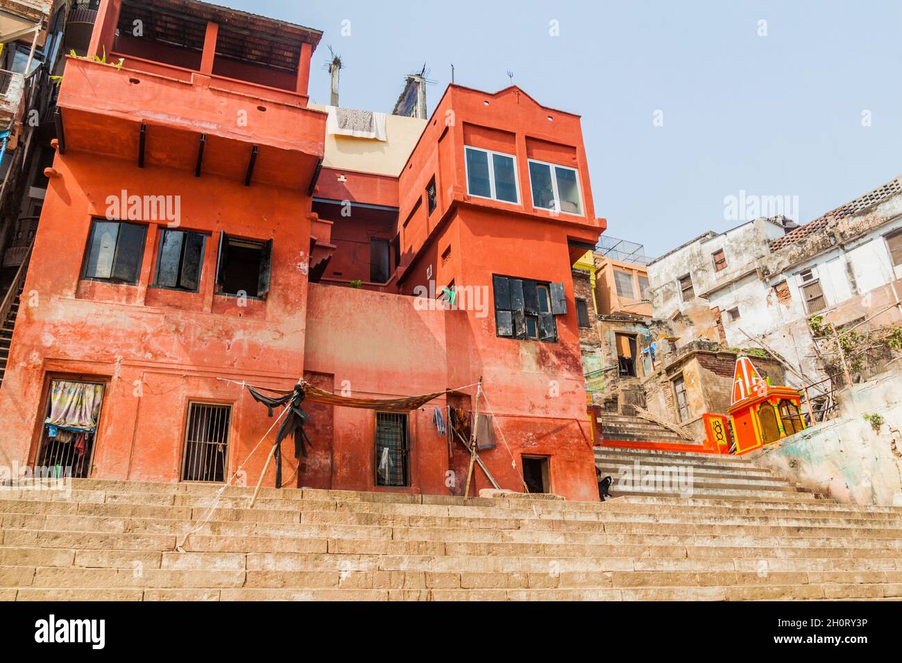 Buildings at Ghats riverfront steps leading to the banks of the River ...