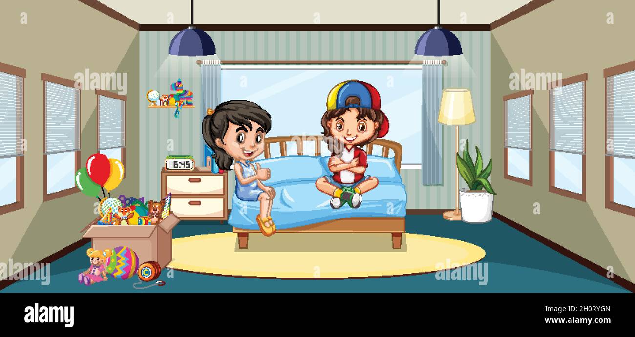 Interior of bedroom with children cartoon character illustration Stock ...