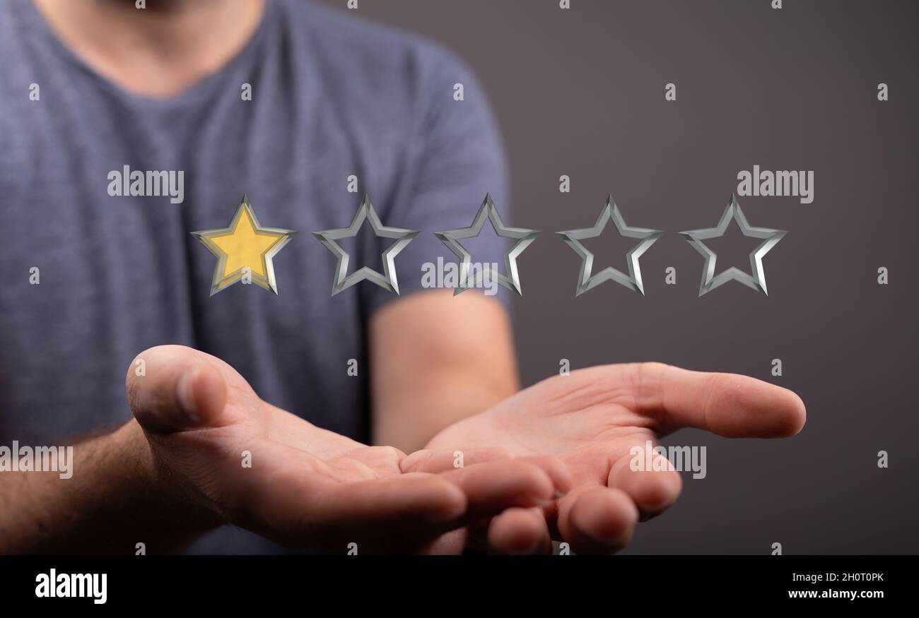 3d rendering of a review icon and rating stars showing negative ...