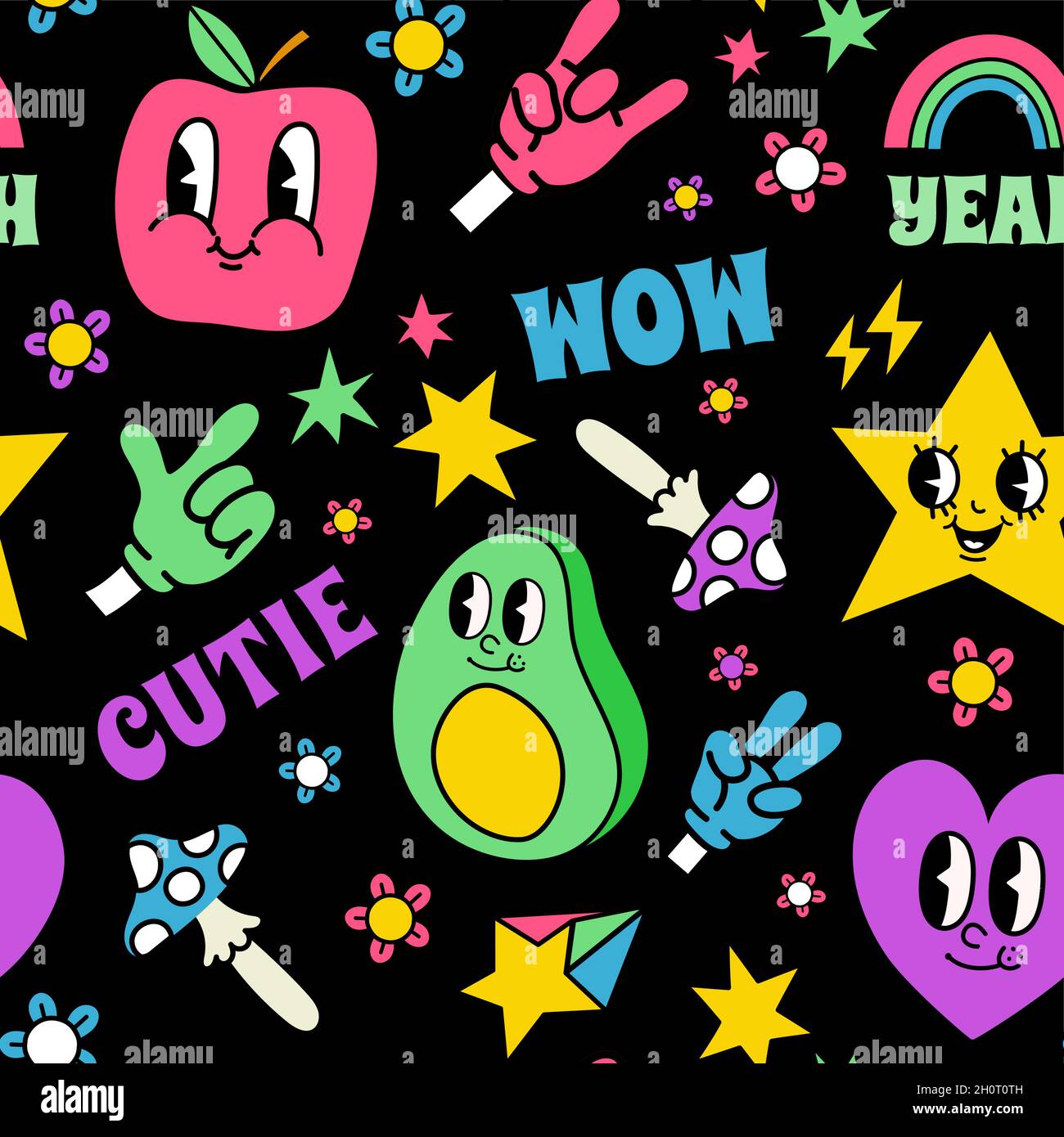 Retro comic style characters faces and hands seamless pattern. Trendy ...