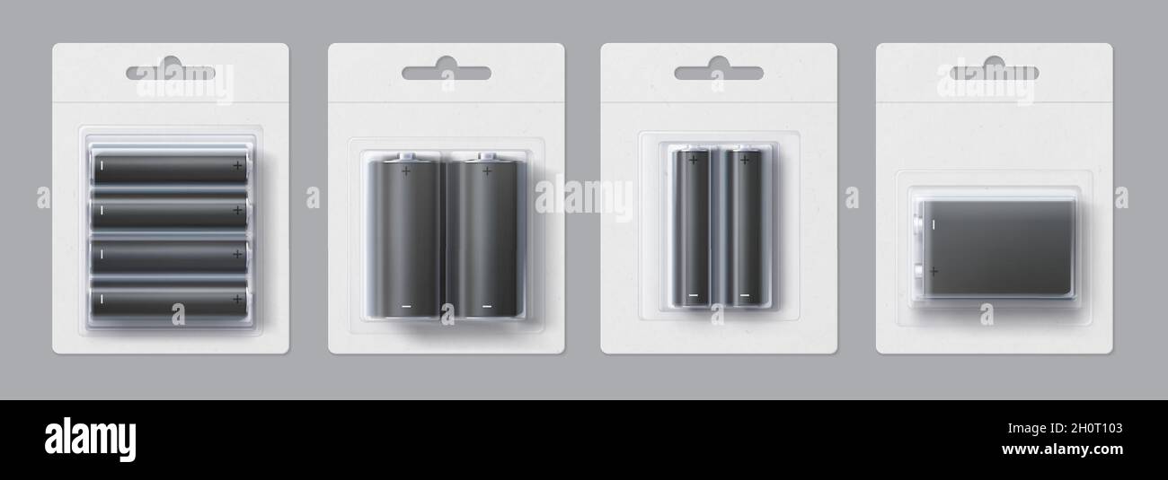Alkaline metal battery blank package realistic mockup. Disposable ...