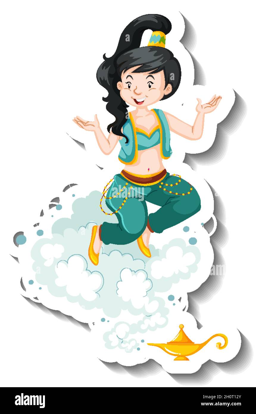 Genie lady coming out of magic lamp cartoon character sticker illustration Stock Vector Image ...