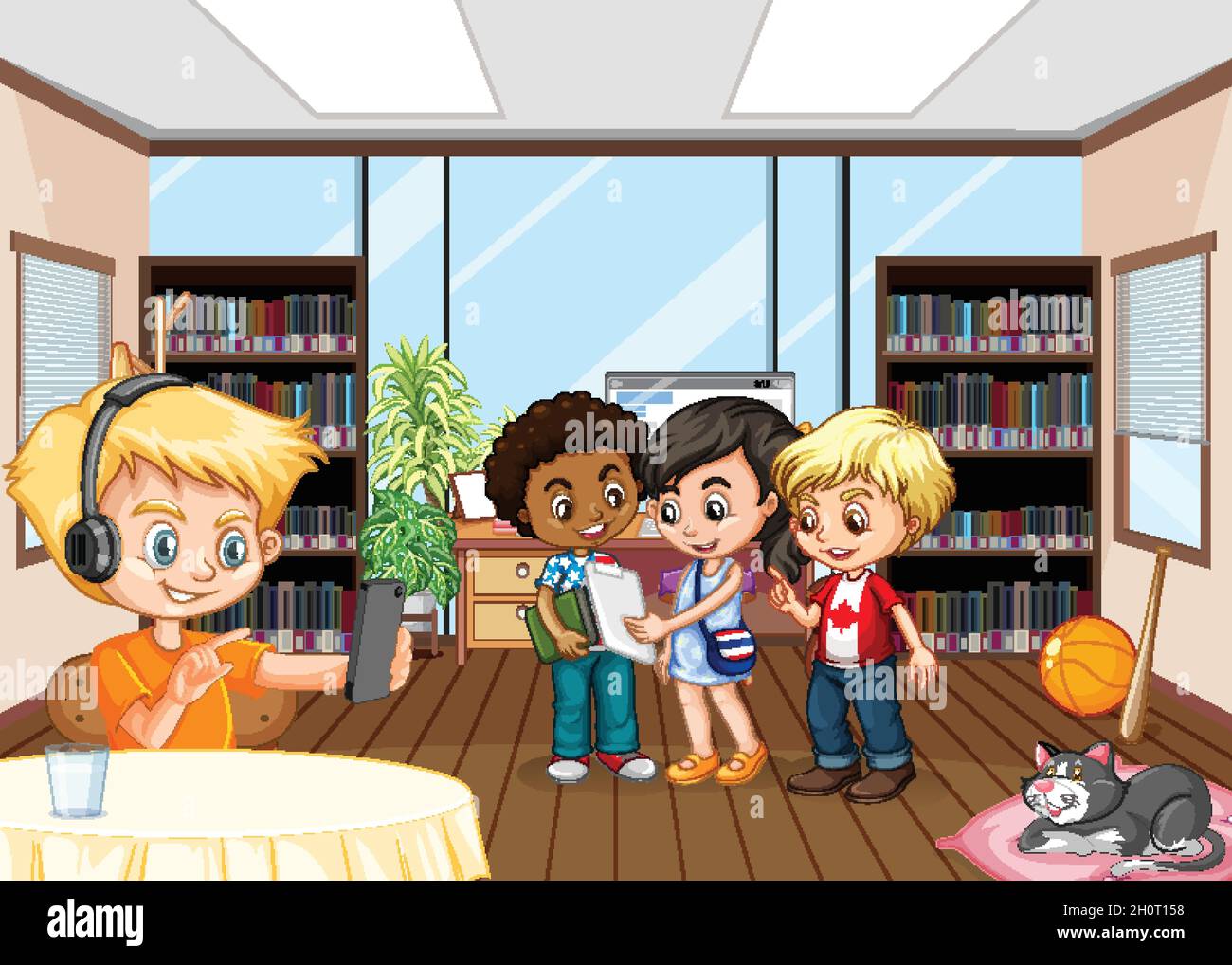 Scene with children in the room with bookcases illustration Stock ...
