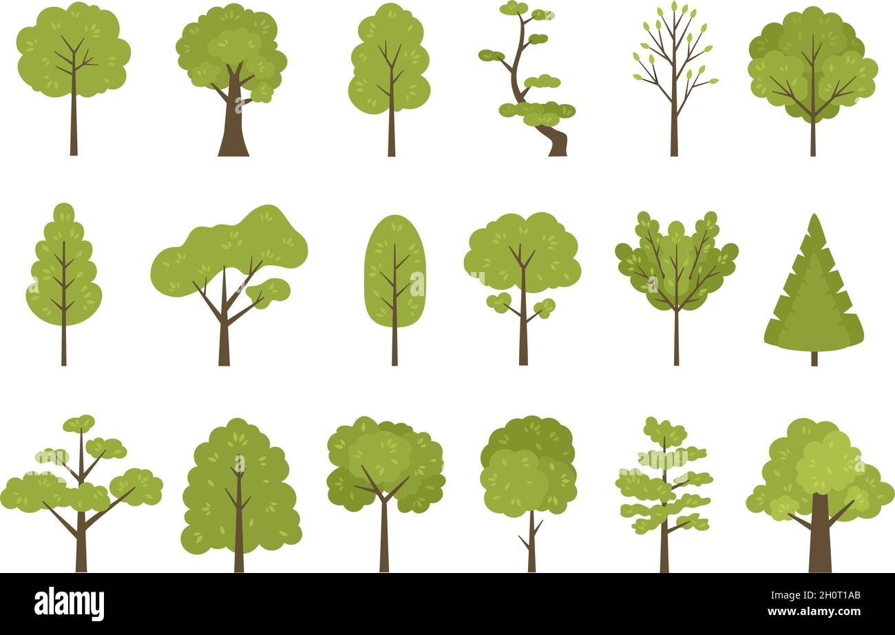 Flat forest trees icons, garden or park landscape elements. Cartoon ...
