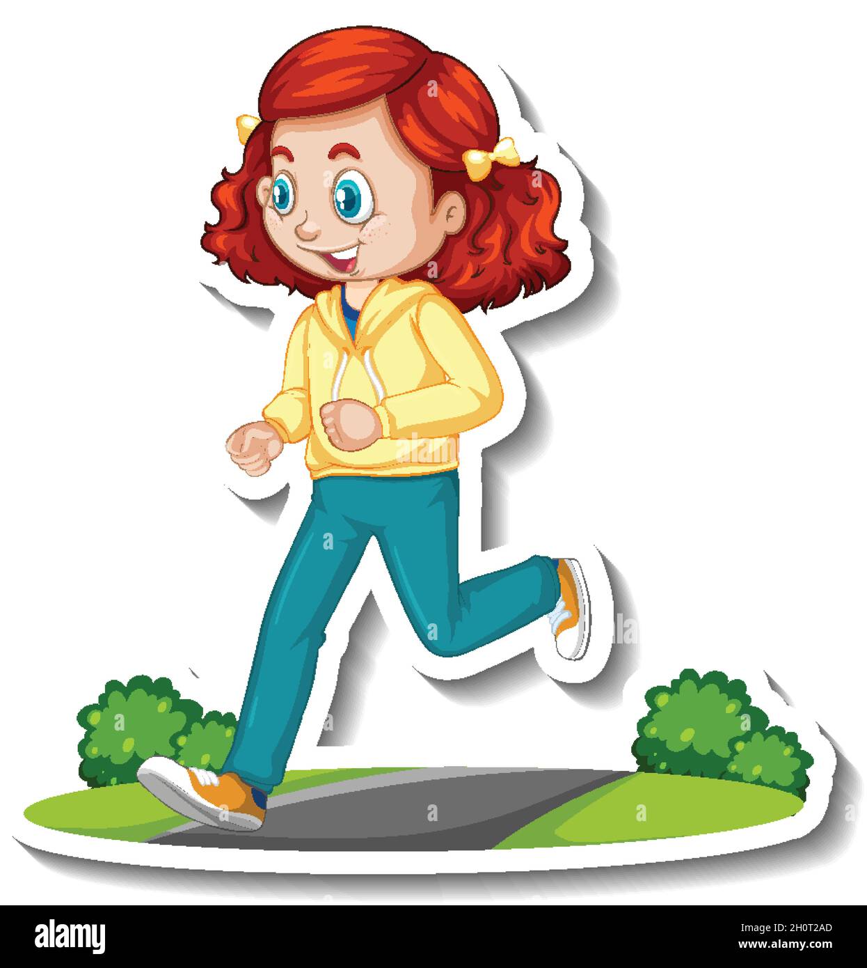 Cartoon character sticker with a girl jogging on white background ...