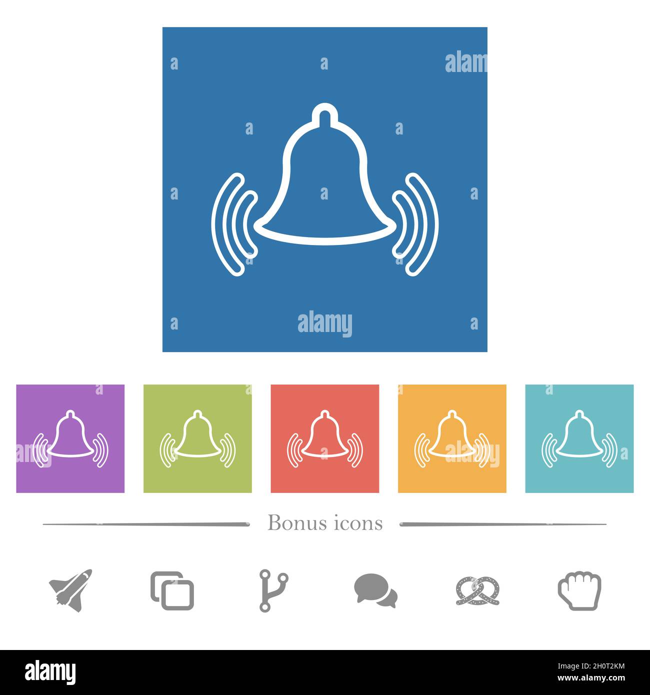 Ringing bell outline flat white icons in square backgrounds. 6 bonus ...