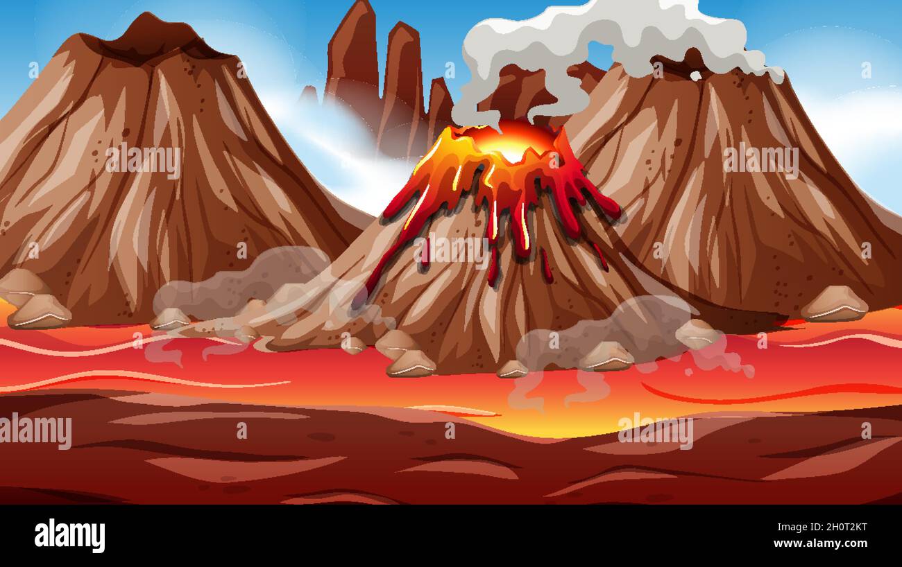 Volcano eruption scene at daytime illustration Stock Vector Image & Art ...