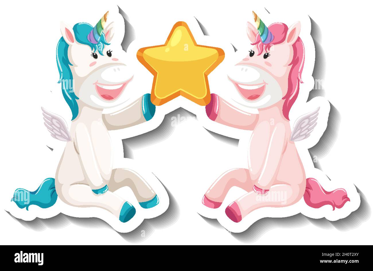 Two cute unicorns holding star together cartoon sticker illustration ...