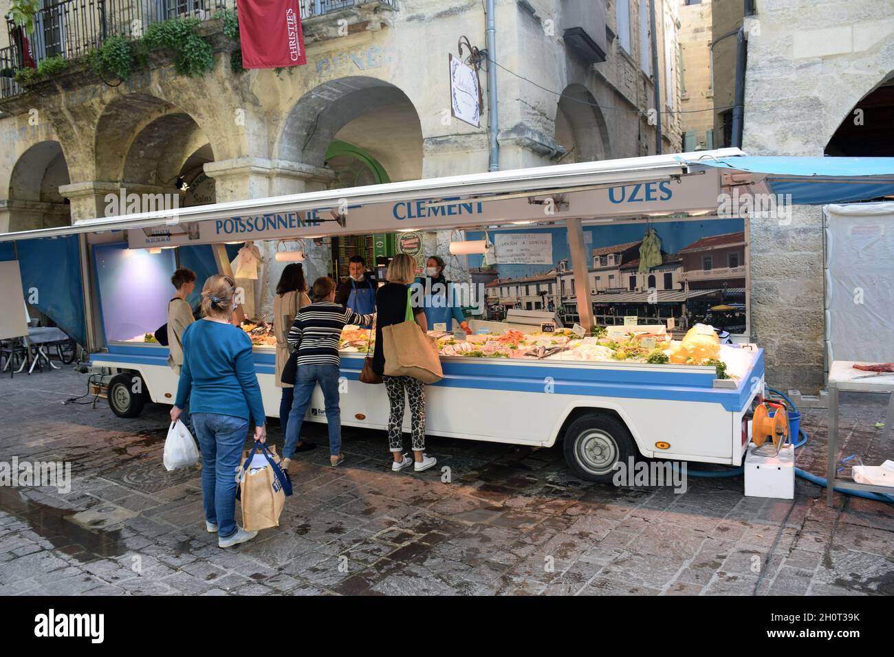 Fish stall in the market, Place aux Herbes, Uzes, Gard, Southern France ...