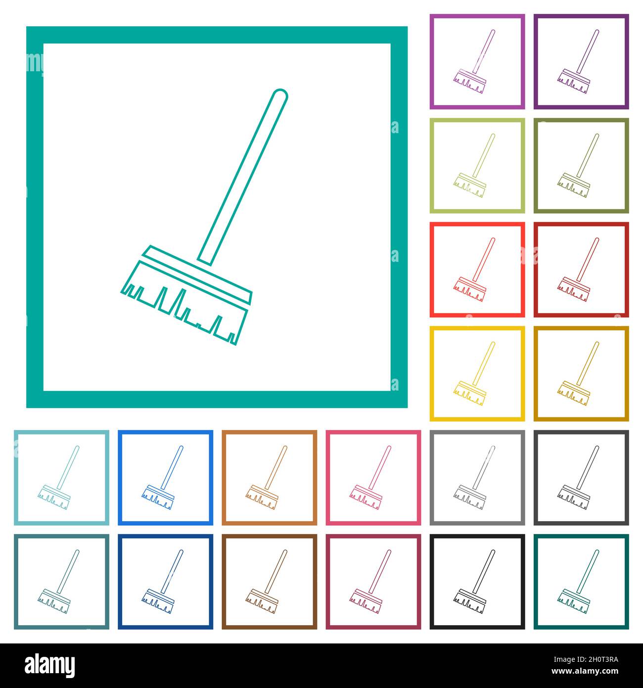 Household broom outline flat color icons with quadrant frames on white ...