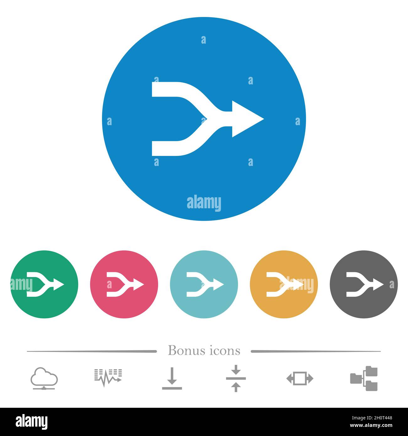 Merge arrows right flat white icons on round color backgrounds. 6 bonus ...