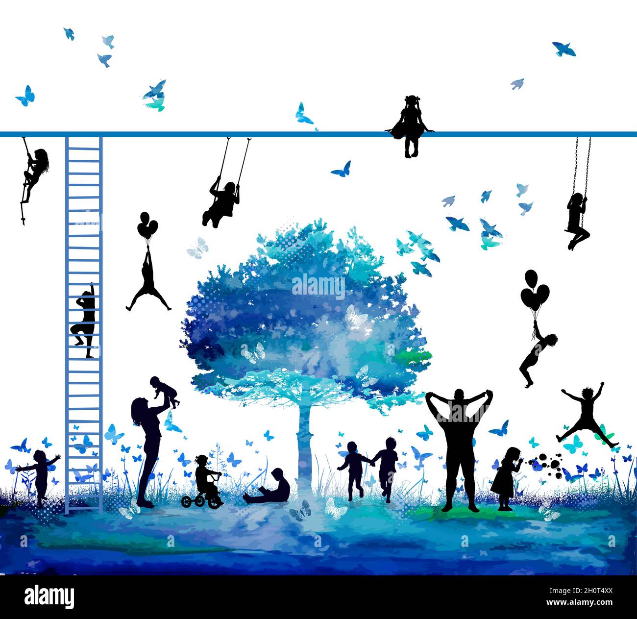 Watercolor Nature tree and Silhouettes of the family. Vector ...