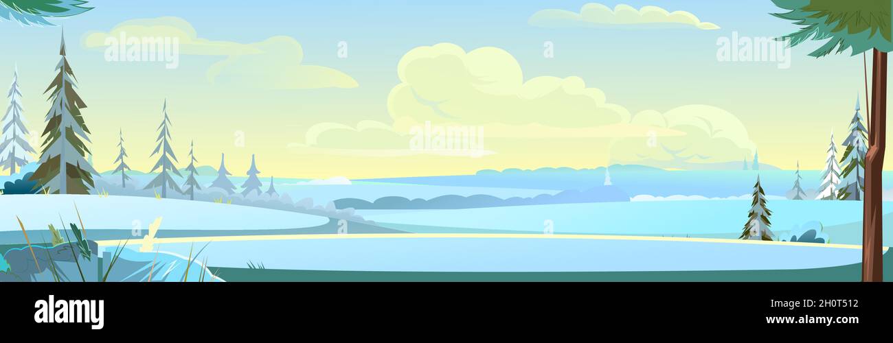 Wide rural landscape in winter. Fields in the snow and drifts. Strong ...