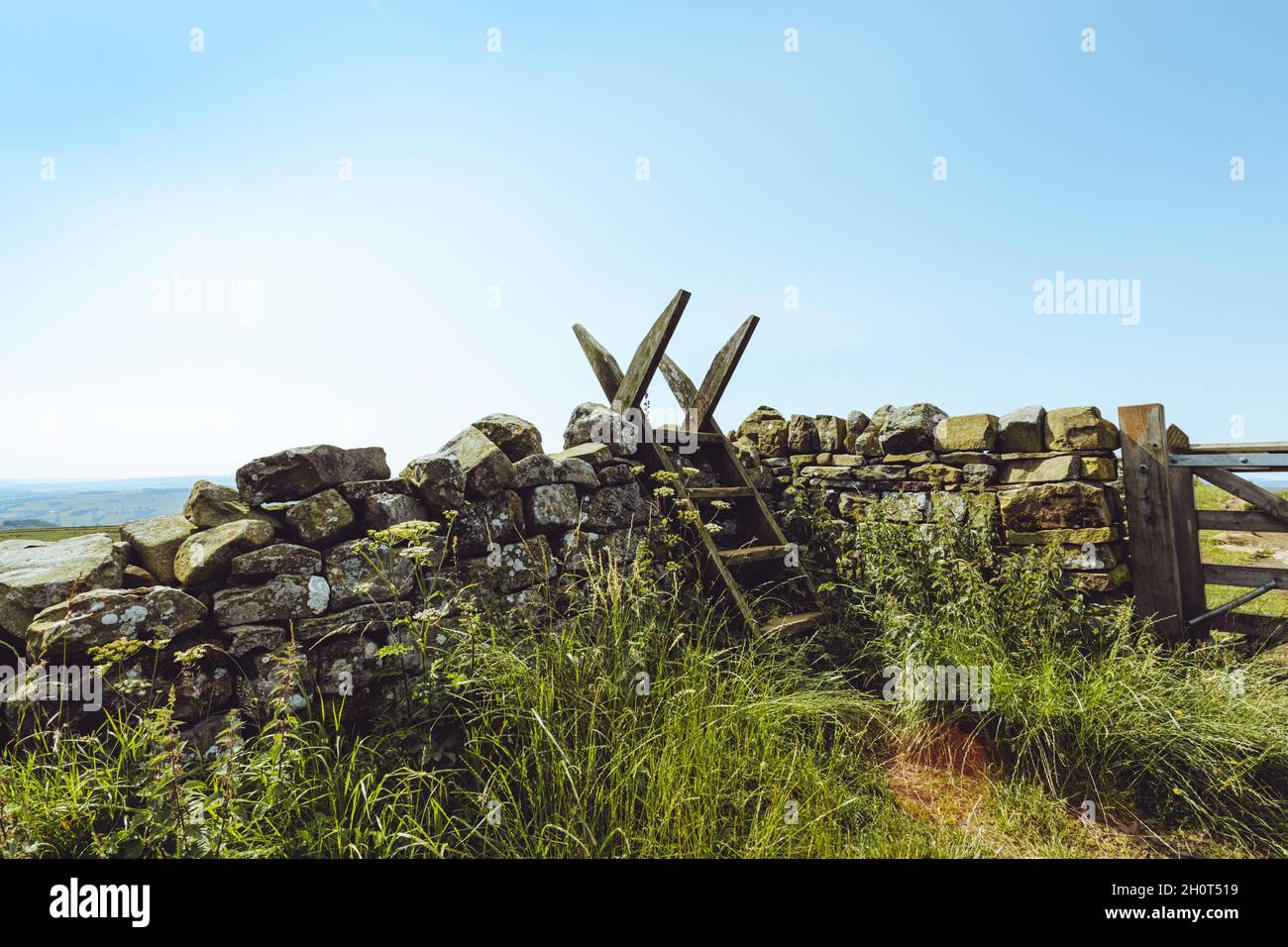 Traditional British stone wall with wooden ladder stile in countryside ...