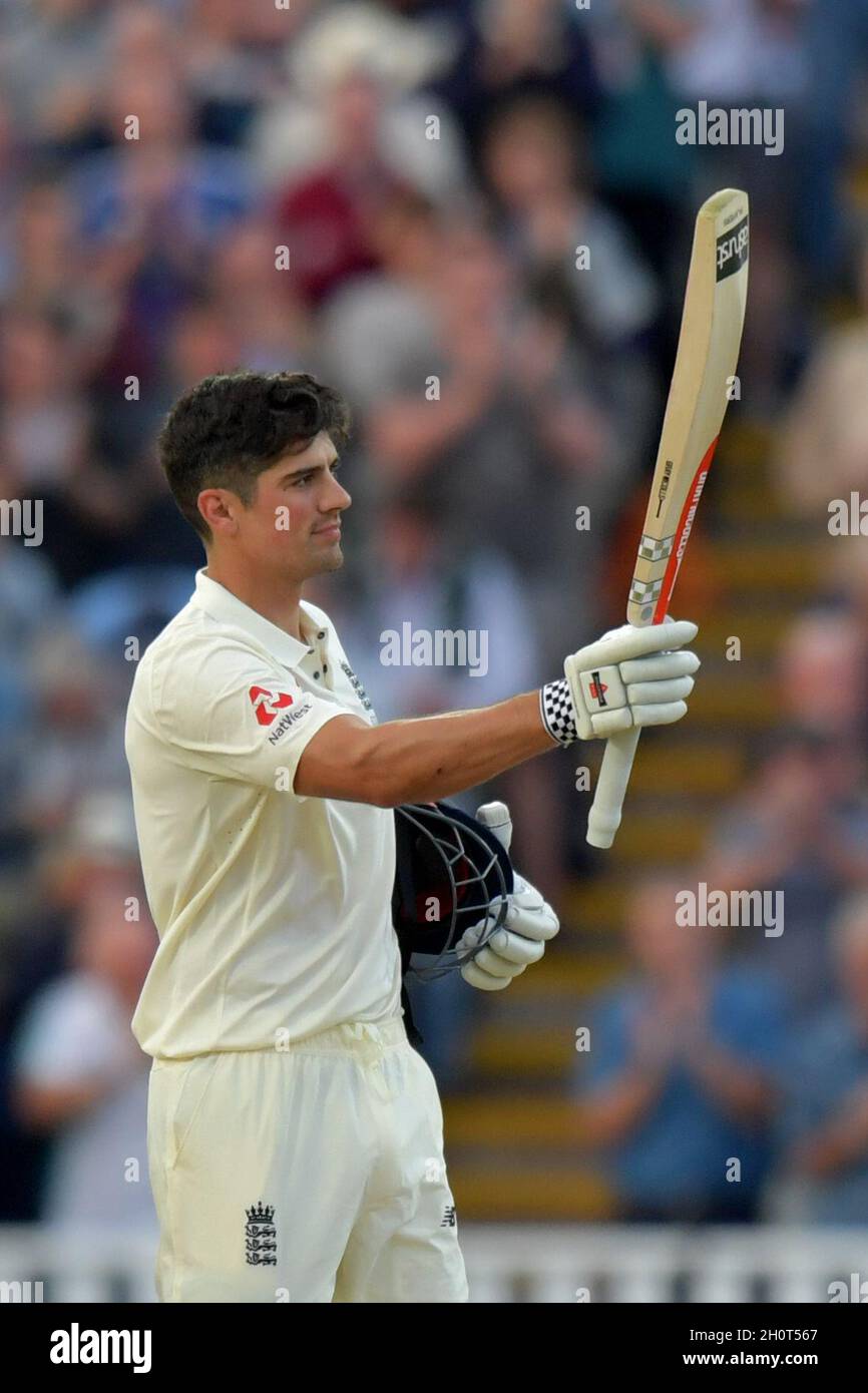 England's Alastair Cook celebrates scoring 100 not out run during day ...