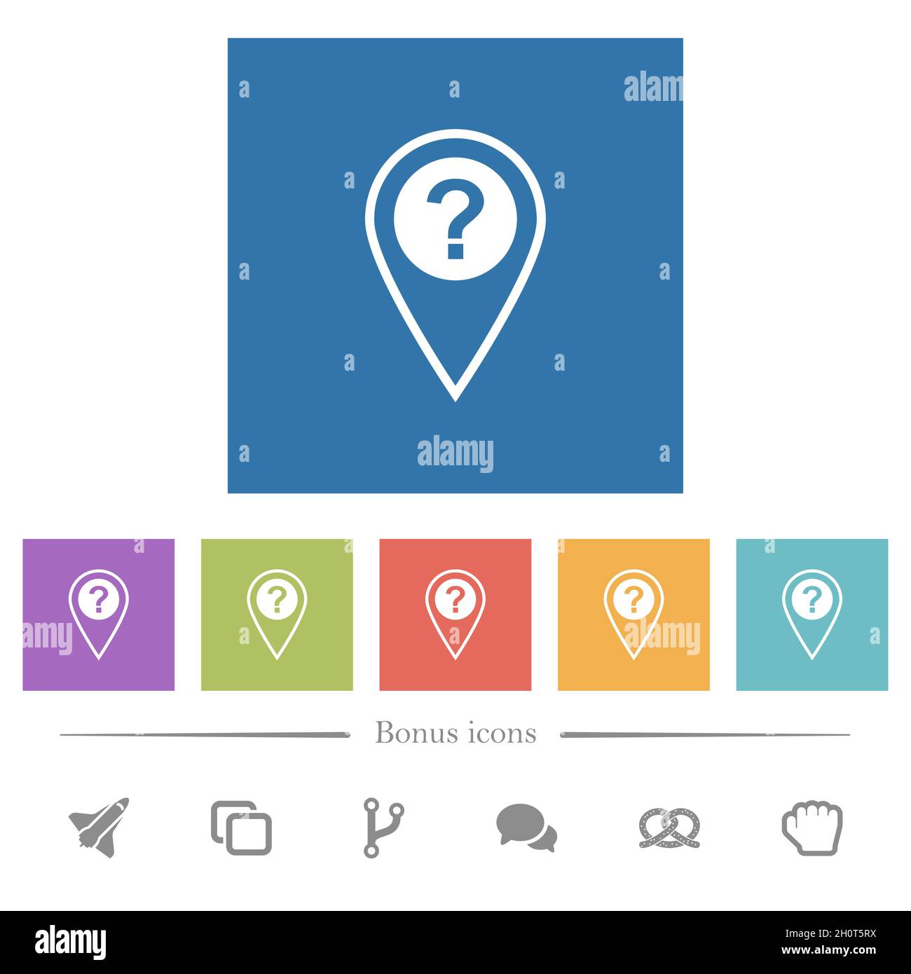Unknown GPS location flat white icons in square backgrounds. 6 bonus ...