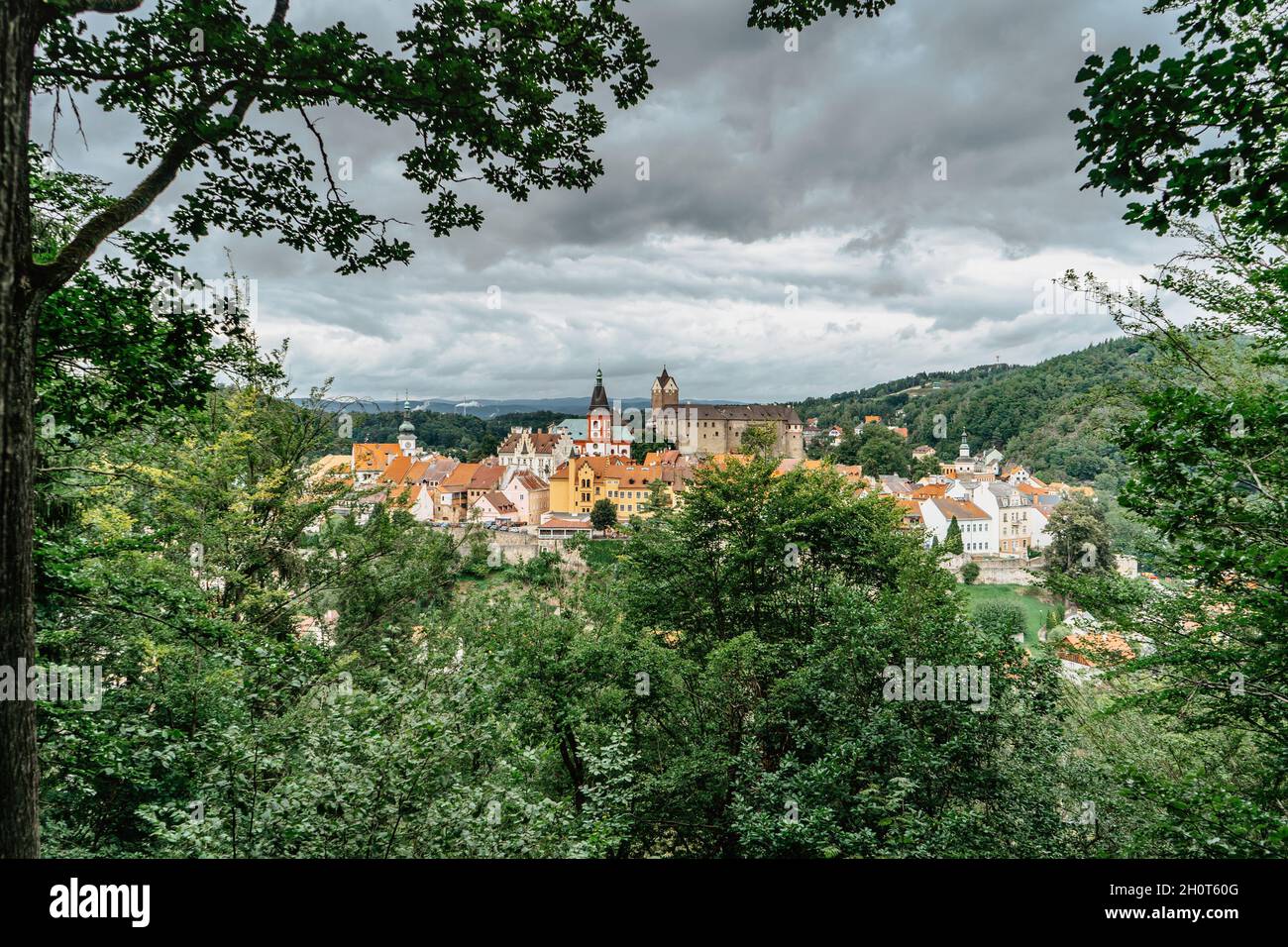 Panoramic view of famous medieval town of Loket,Elbogen, with colorful ...