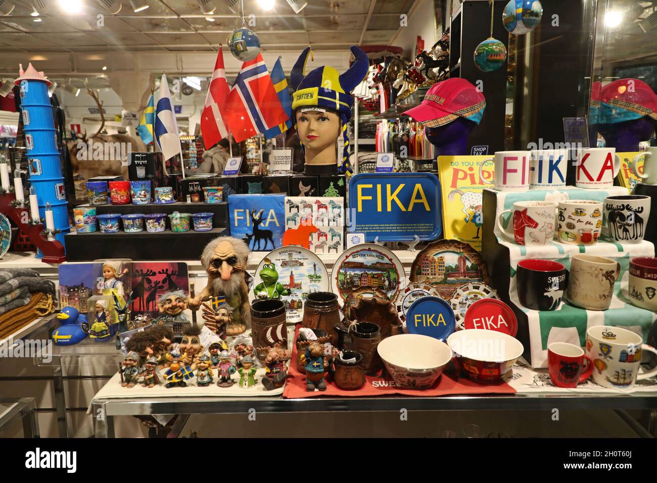 Souvenir shop in old town, Stockholm, Sweden, during Saturday evening ...
