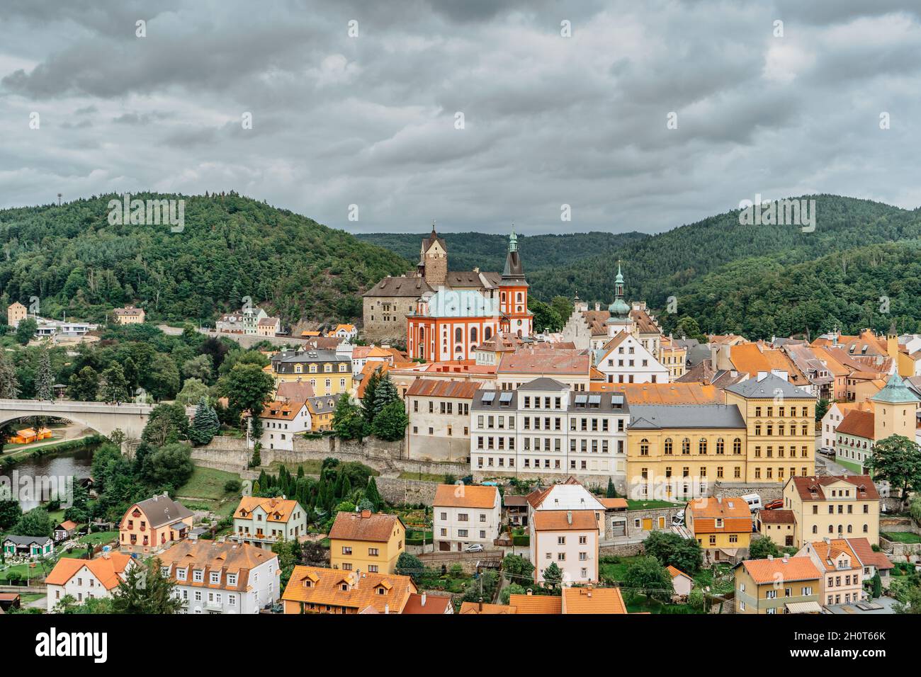 Panoramic view of famous medieval town of Loket,Elbogen, with colorful ...