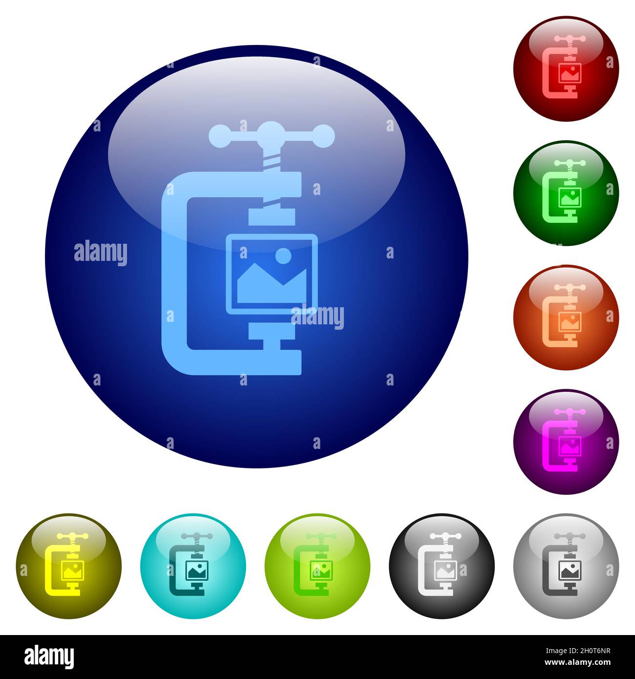 Image compression solid icons on round glass buttons in multiple colors. Arranged layer ...