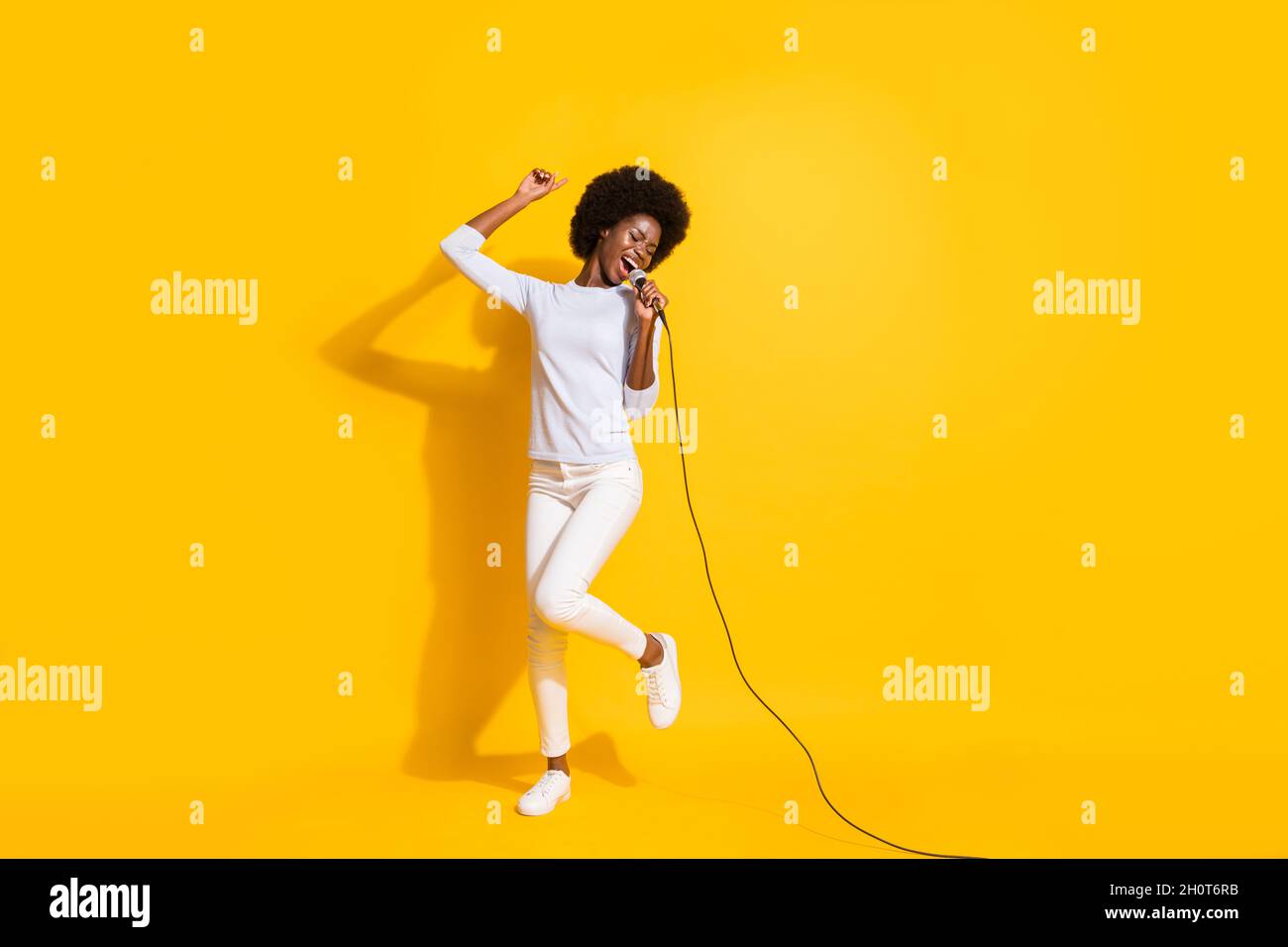 Full body portrait of pretty positive dark skin person open mouth ...