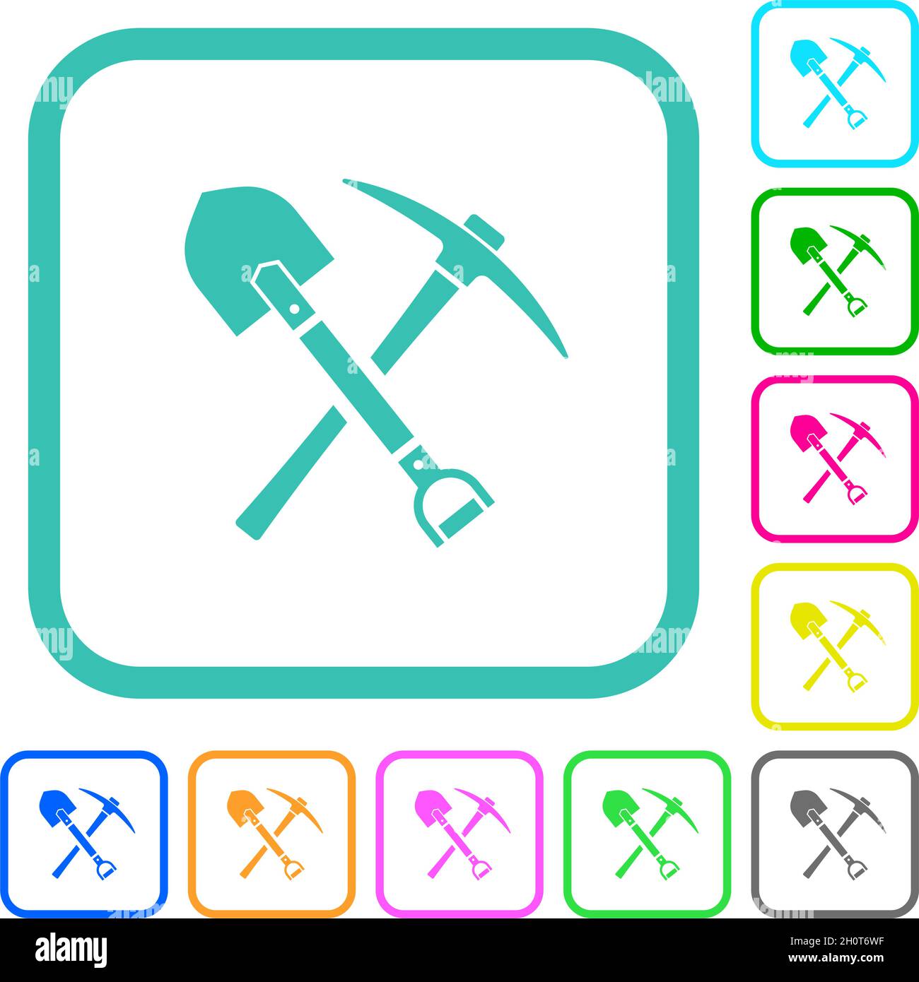 shovel and pickaxe vivid colored flat icons in curved borders on white ...