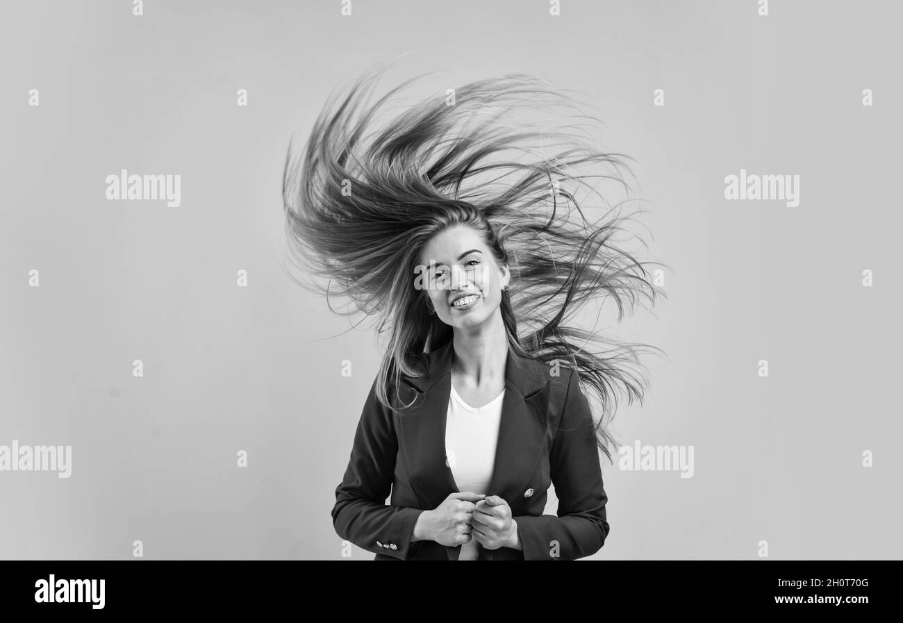 Woman long hairstyle hair fly in air light and free, freedom on head ...