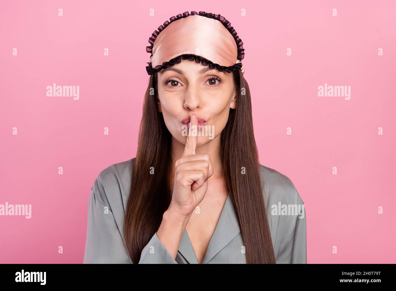 Photo of mature woman happy positive smile cover lips finger shh keep ...