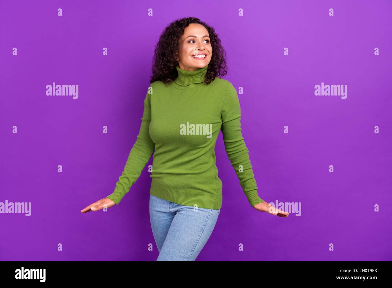 Photo of charming dreamy african lady dressed green turtleneck smiling ...