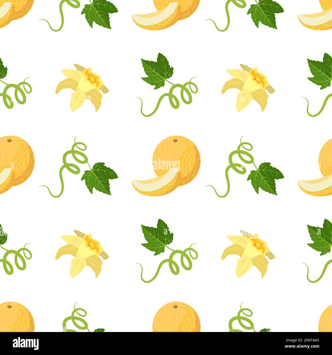 Seamless pattern with melons, flowers, curls and leaves. Cute summer ...