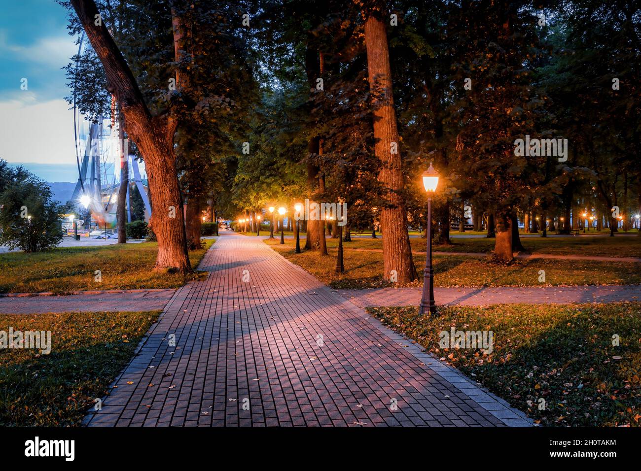 A night park lit by lanterns with a stone pavement, trees, fallen ...