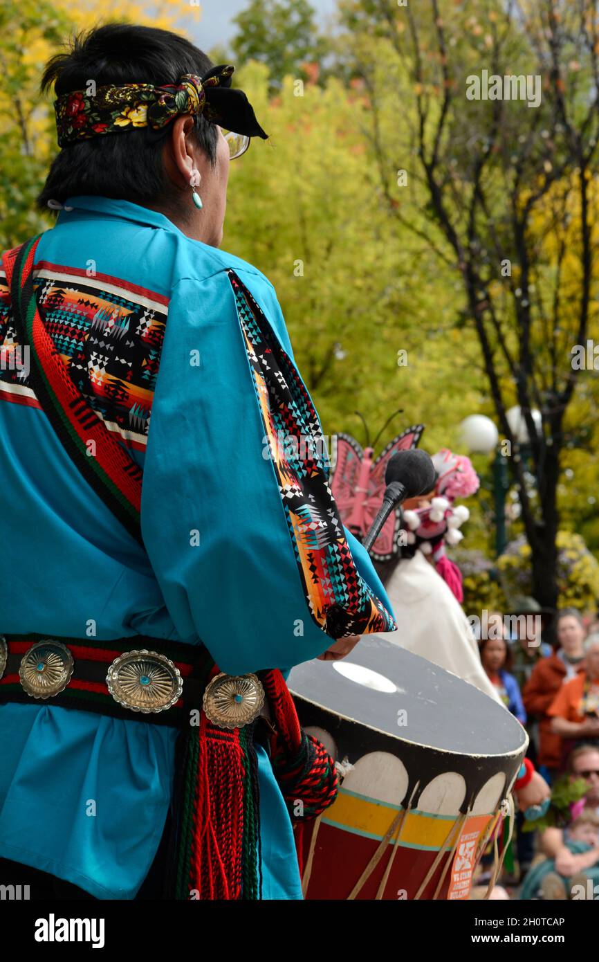 Native American drummers for a dance group from Zuni Pueblo in New Mexico perform at an ...