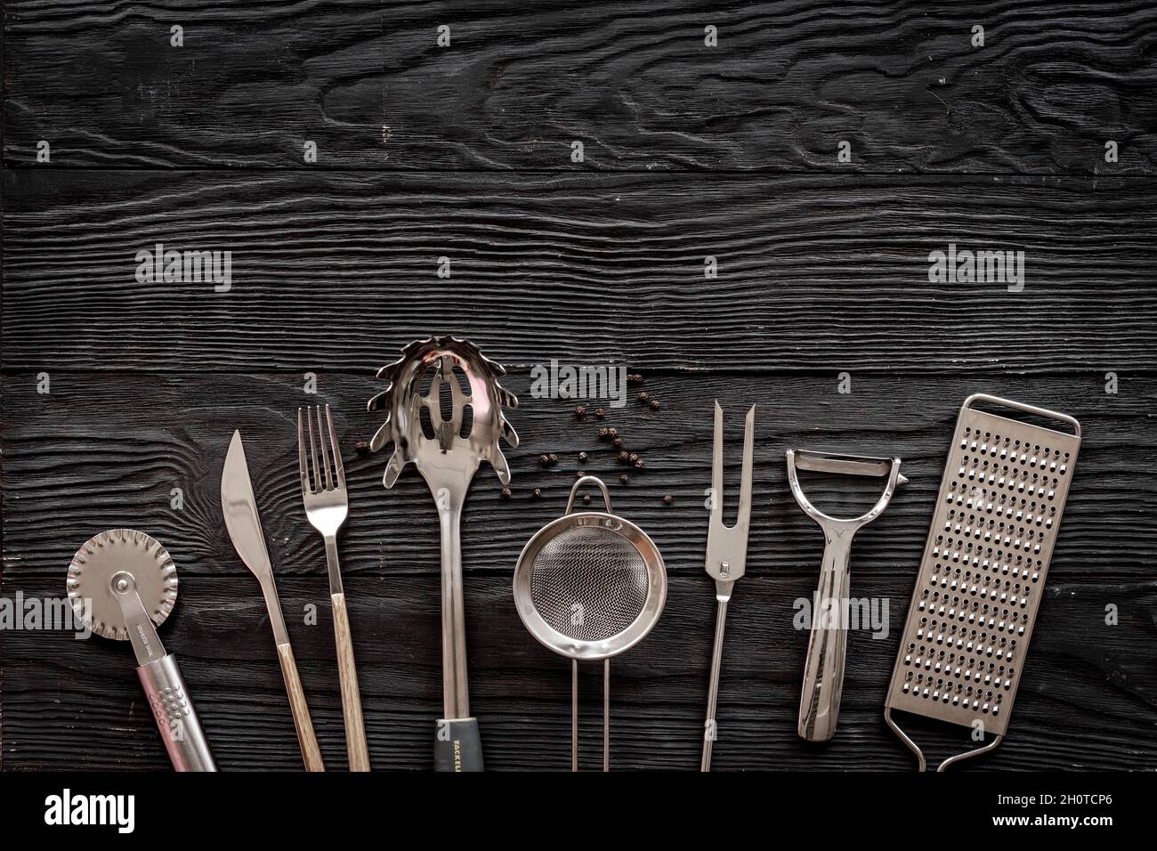 Set of stainless utensils cookware and tools, flat lay Stock Photo - Alamy