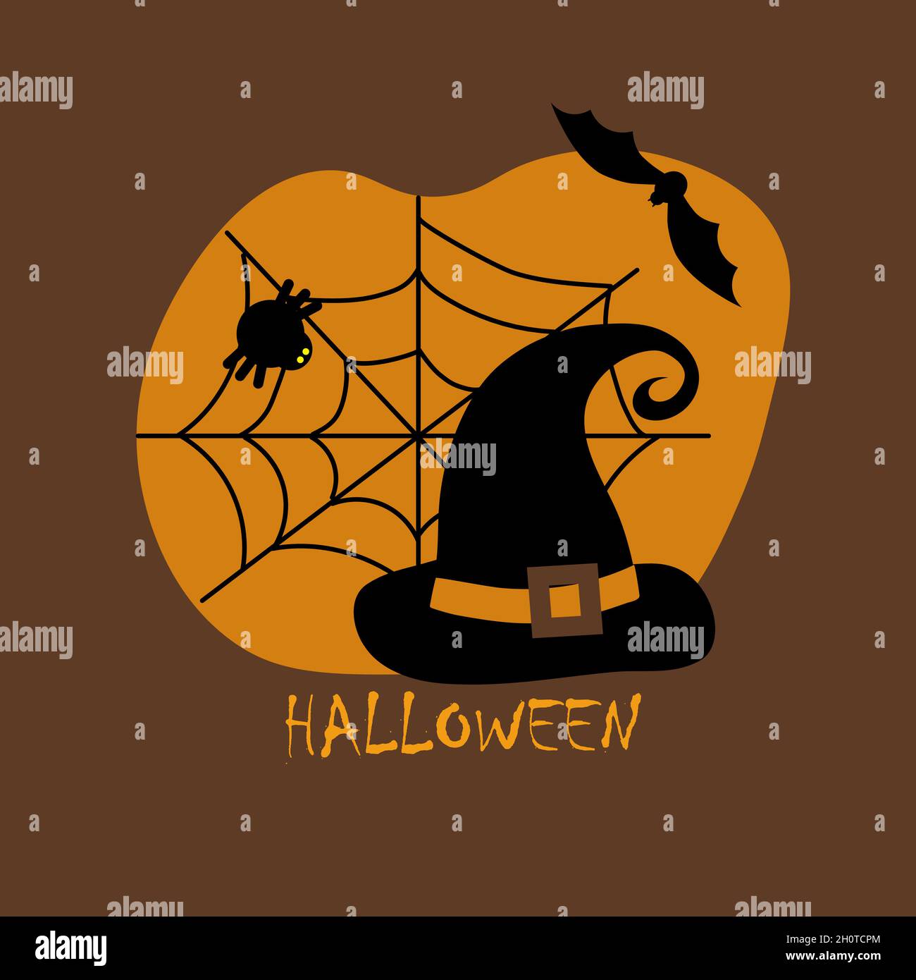 Black hat of a witch in the web. Halloween holiday. Spider and bat on ...