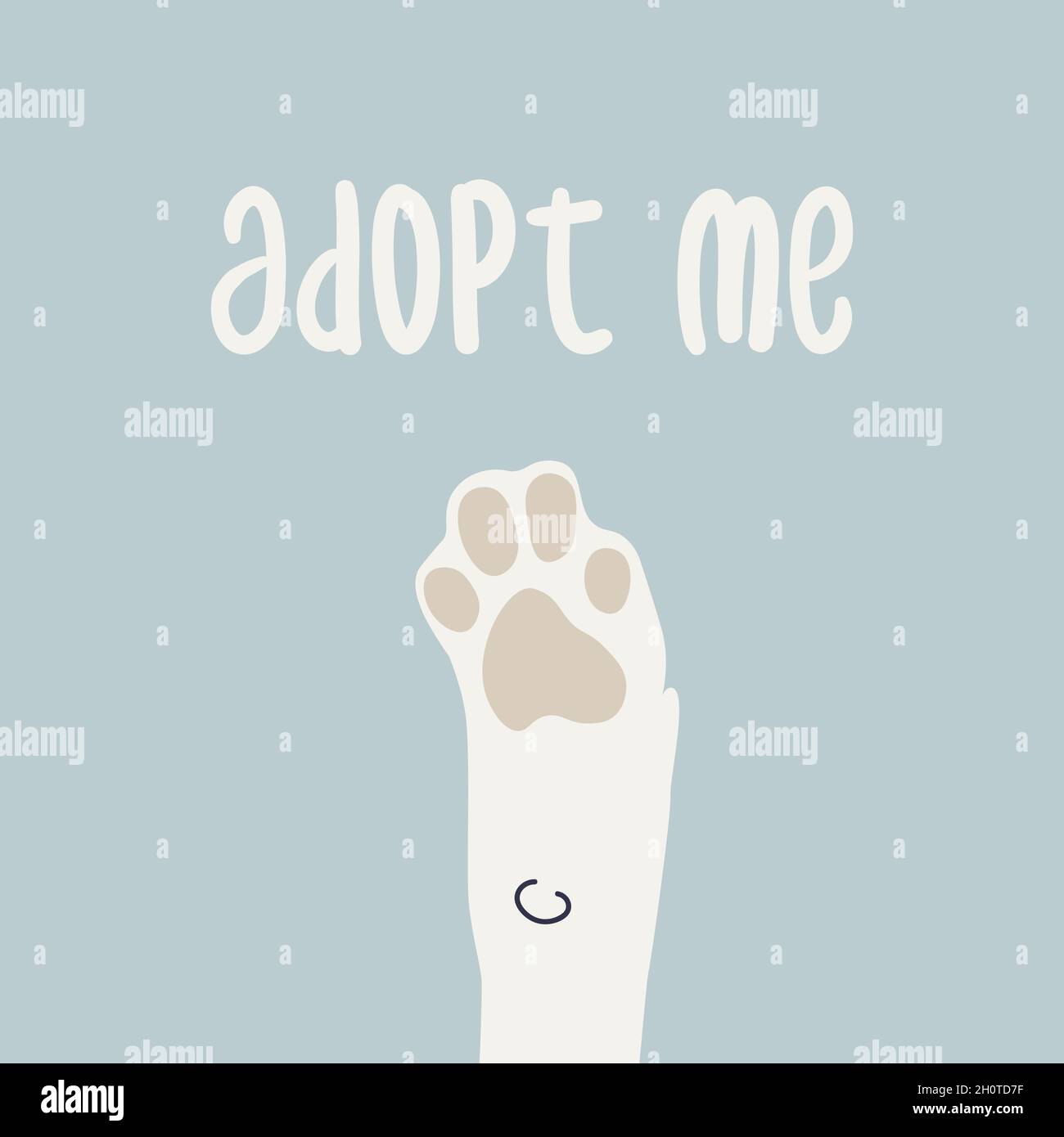 White dog paw and text adopt me. Simple flat illustration calling for ...