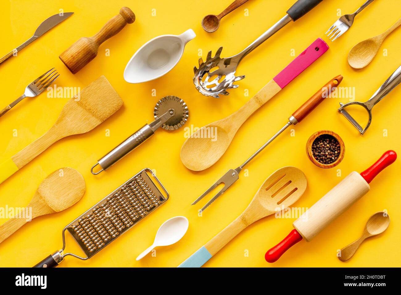 Flat lay of kinchen appliance and utensils for cooking background Stock ...