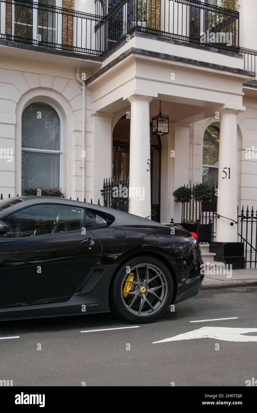 Black Ferrari 599 GTO supercar parked on a street in Belgravia area of ...