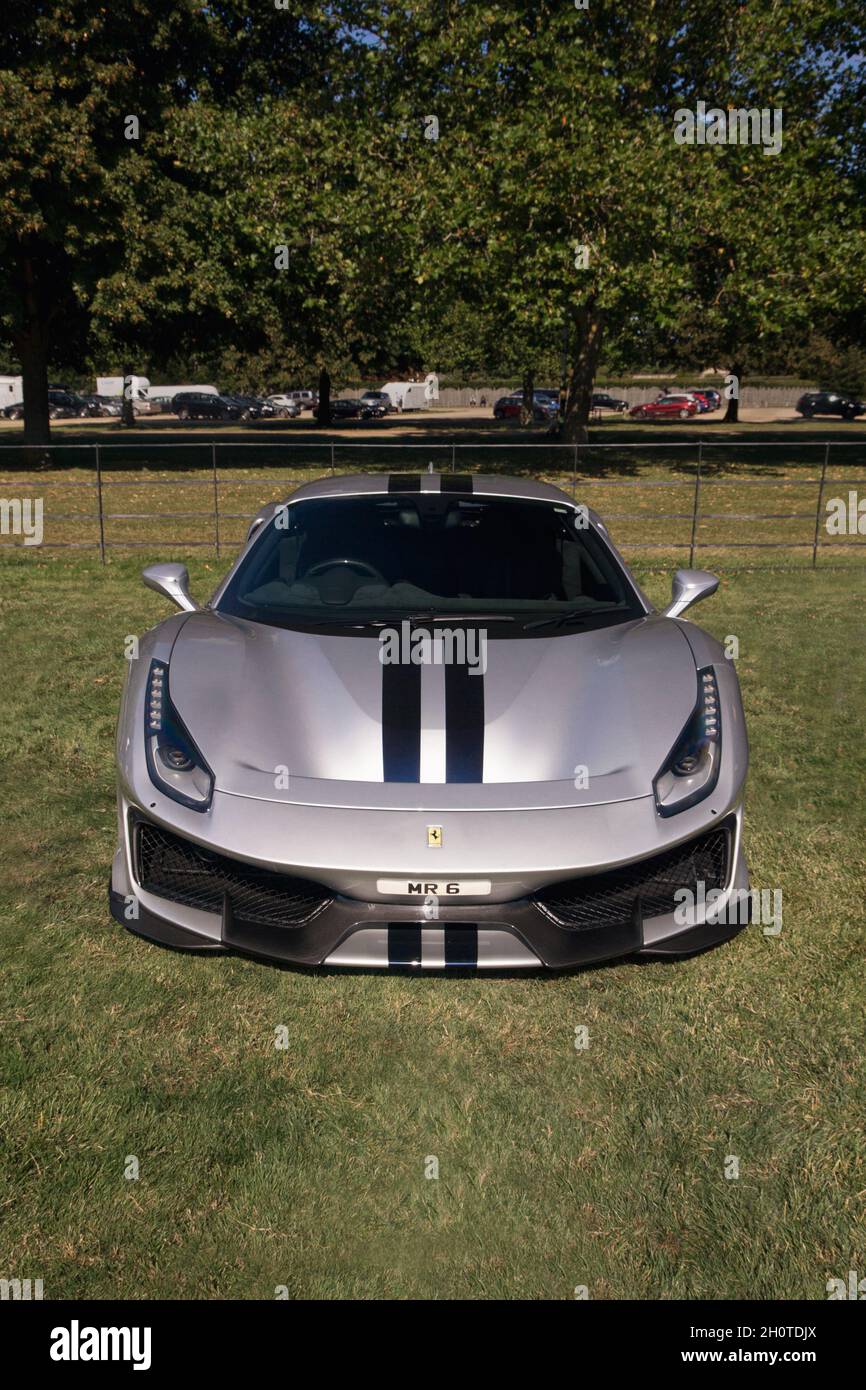 Silver with black stripes Ferrari 488 Pista supercar attending annual ...